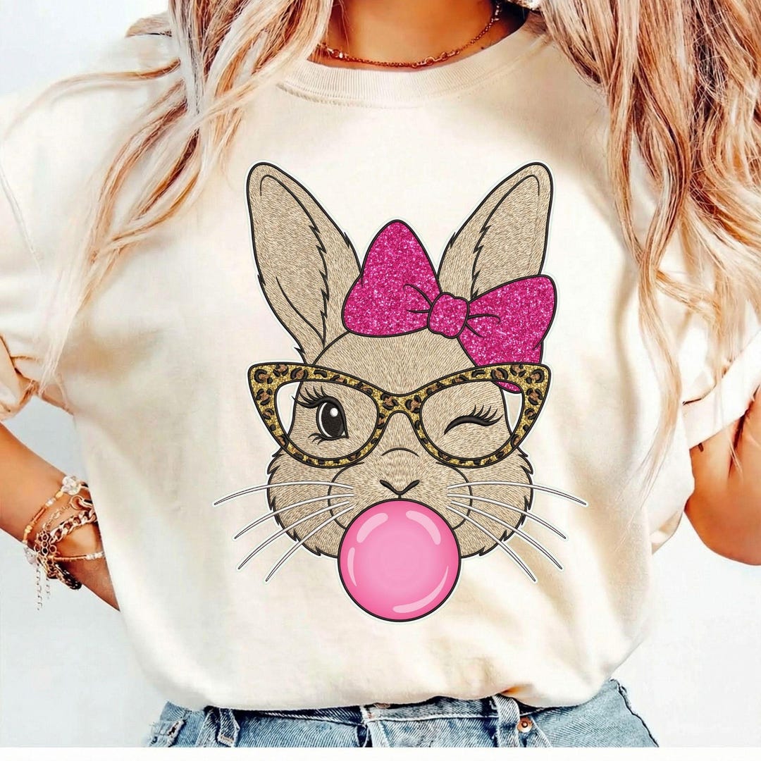 Easter Bunny Bubblegum PNG, Leopard Print Glasses Pink Glitter Bow ...