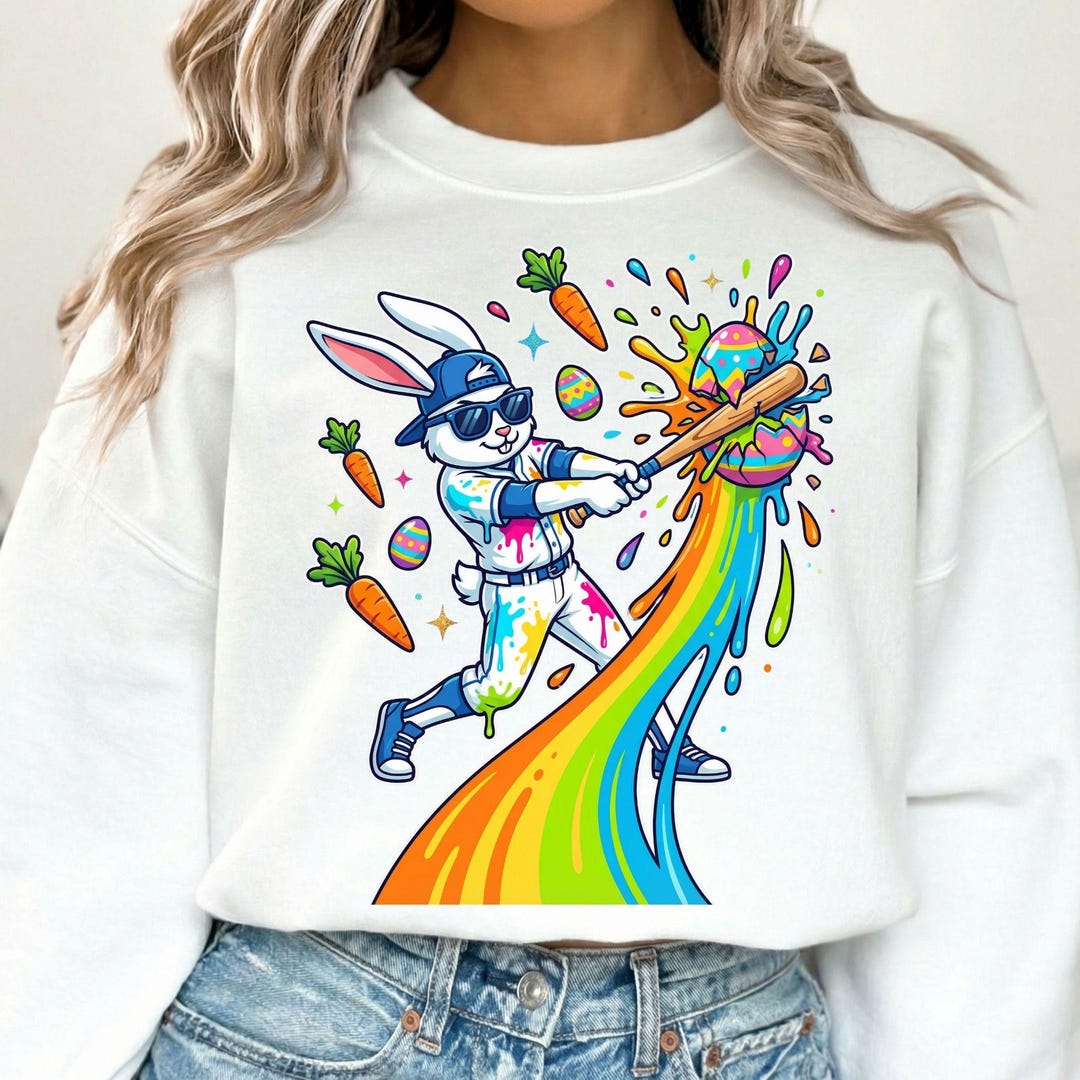 Easter Baseball Bunny PNG, Colorful Rainbow Splash Sporty Boys Toddler ...