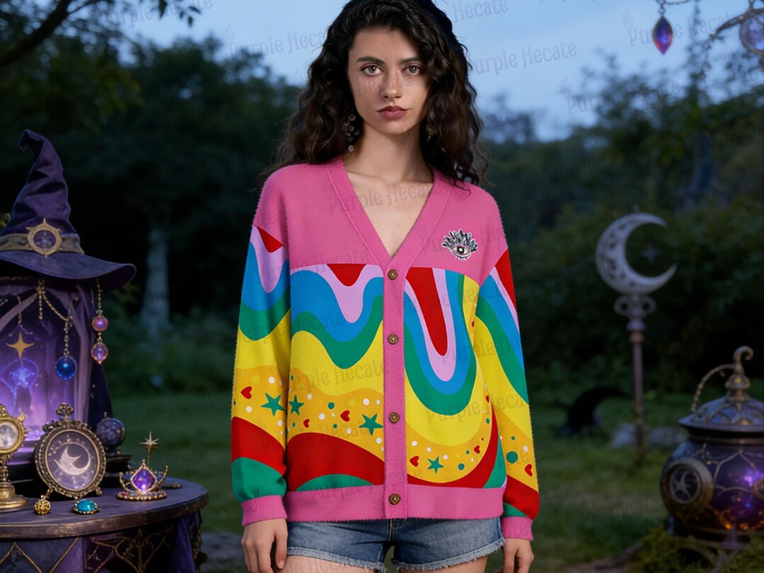 Valentine Dreamy Rainbow Waves Ugly Cardigan Sweaters Psychedelic Knit ...