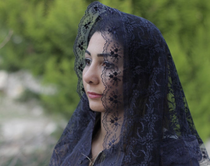 Navy Blue Lace Catholic Veil for Mass, Catholic Mantilla Veil in ...