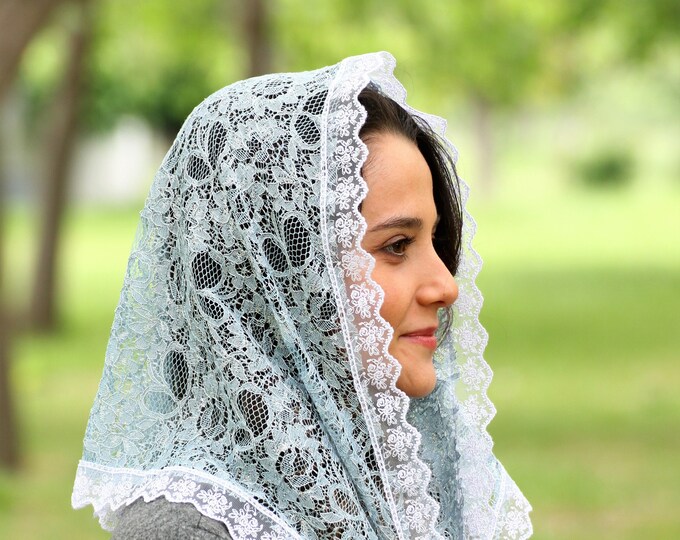 Light Blue Lace Catholic Veil for Mass With Shinny Details, Comb & Clip ...