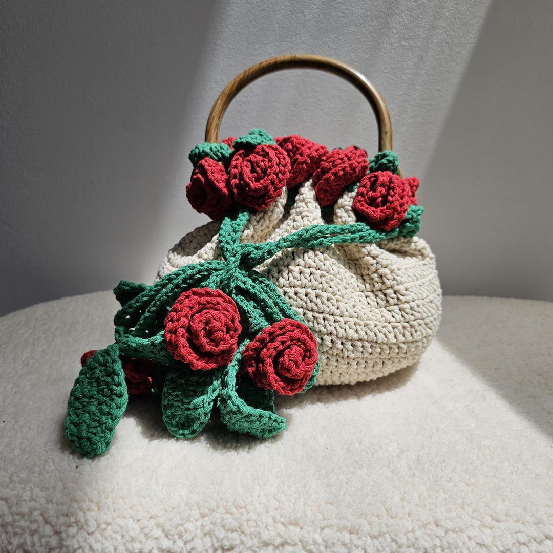 Crochet Red Rose Bag, Floral Handbag, Handmade Flower Purse, Statement ...