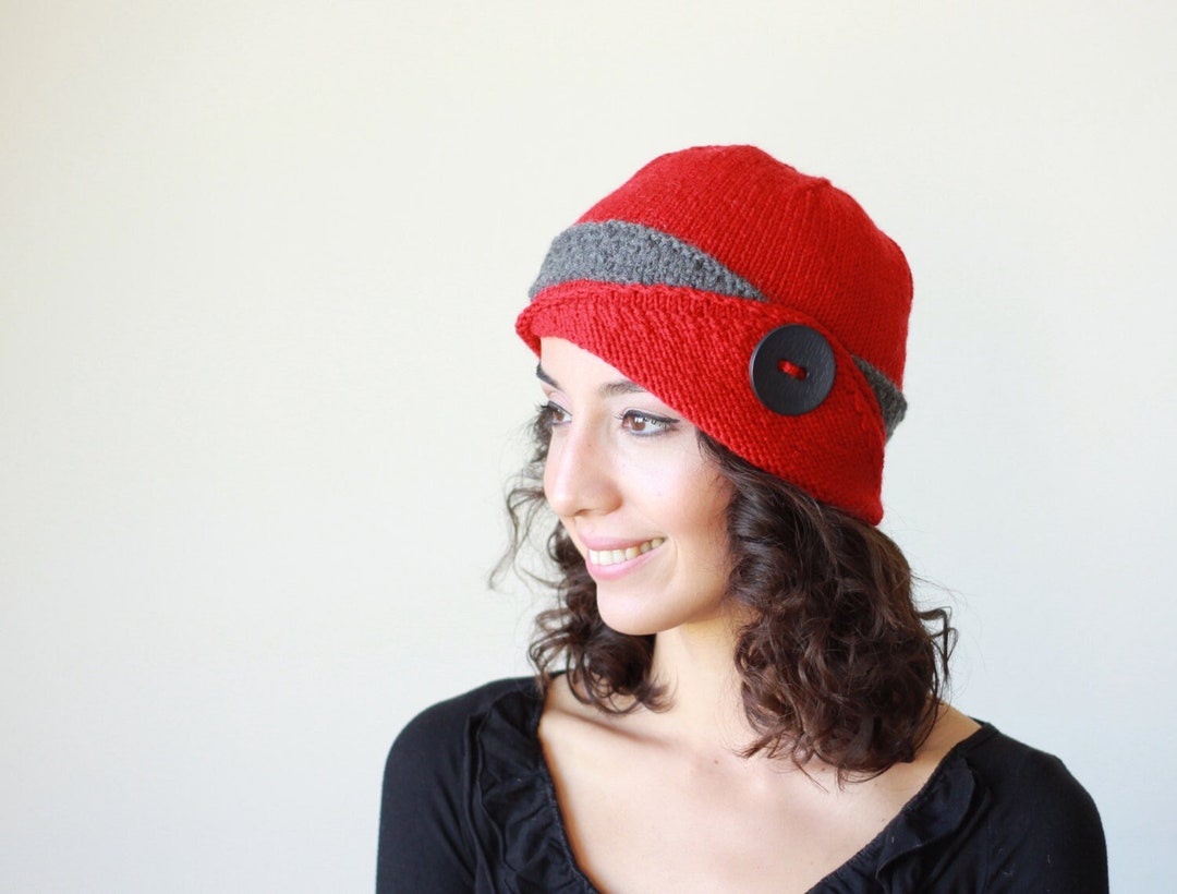 Womens Knit Winter Hats With Button in Red and Grey Colors, Ladies Red ...