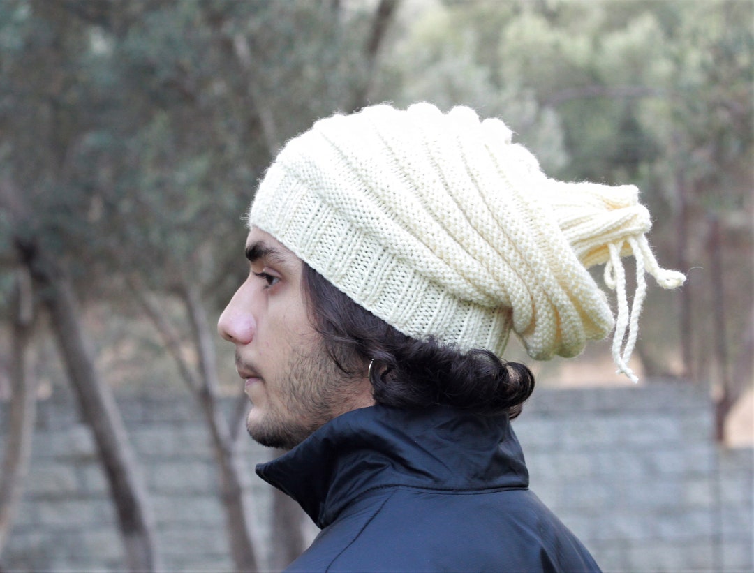Cream Handknit Slouchy Hat for Men, Winter Knit Slouch Beanie, Handmade ...