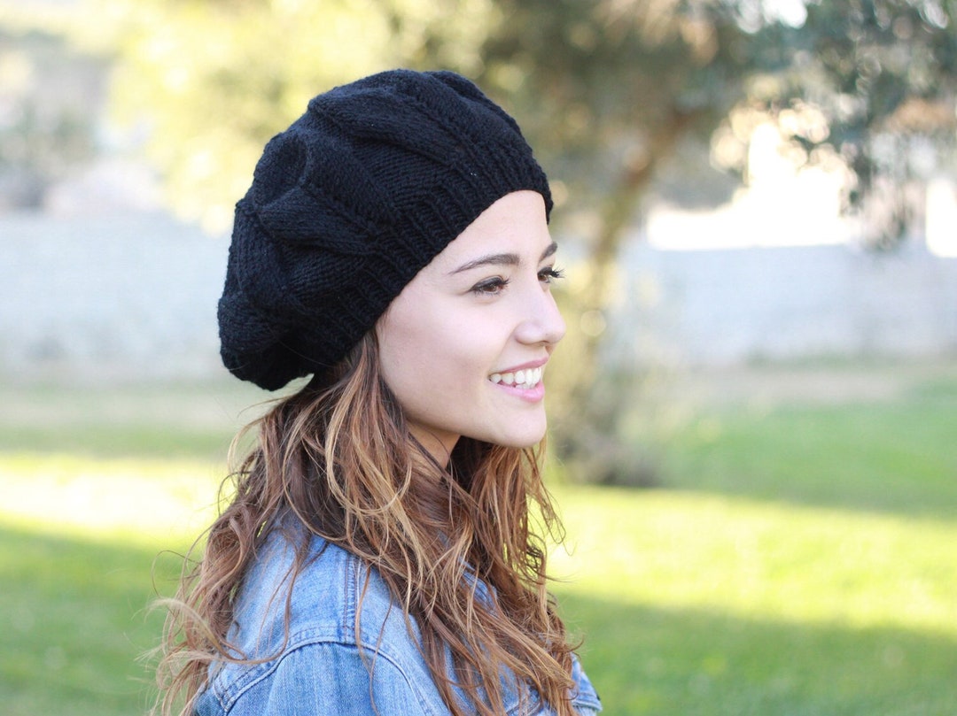 Women Black Slouch Knit Hat, Winter Handknitted Beanie, Fall French ...