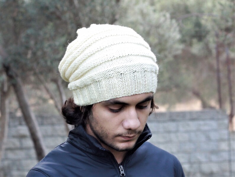 Cream Slouch Hat for Men: Winter, Handknit, Small - Extra Large - Etsy