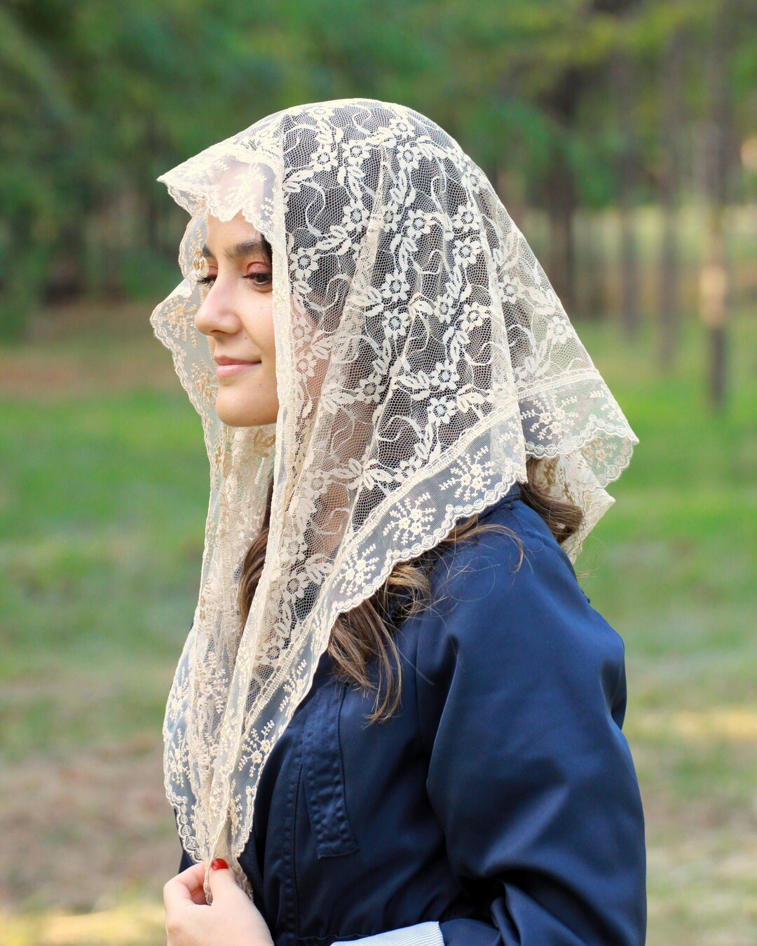 Tan Color Latin Mass Veil, Lace Triangle Church Veil, Lace Prayer Veil ...