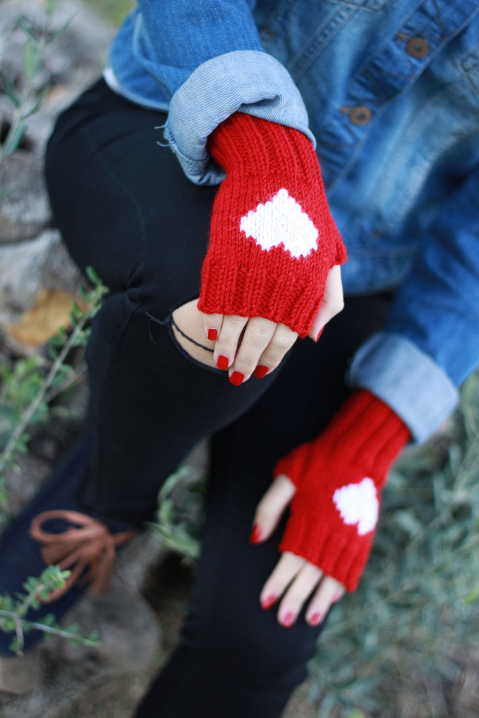 Knit Red Heart Gloves for Women Fingerless Unique Wrist | Etsy