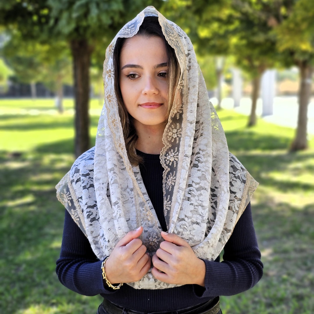 Dark Beige Lace Church Veil for Mass, Infinity Mantilla Prayer Scarf ...