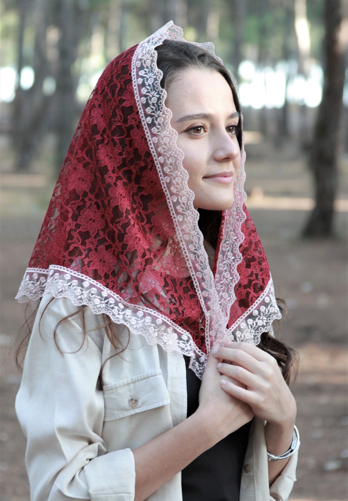 Burgundy Lace Catholic Veil for Mass in Triangle Shape and - Etsy