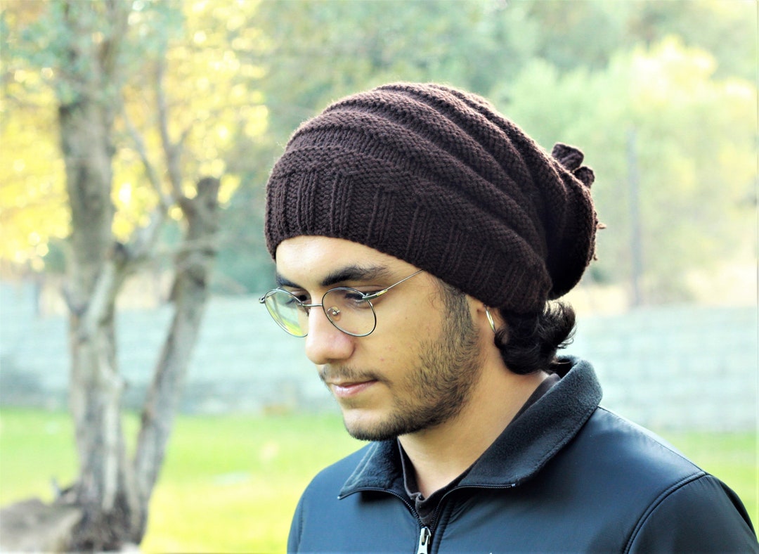 Slouchy Knit Hat Men, Brown Winter Mens Beanie for Winter, Fall Style ...