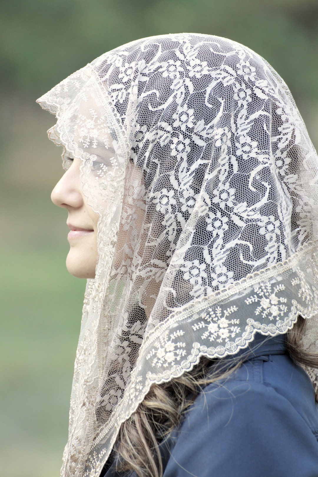 Light Brown Lace Church Veil, Catholic Mantilla Veil for Mass, Triangle ...