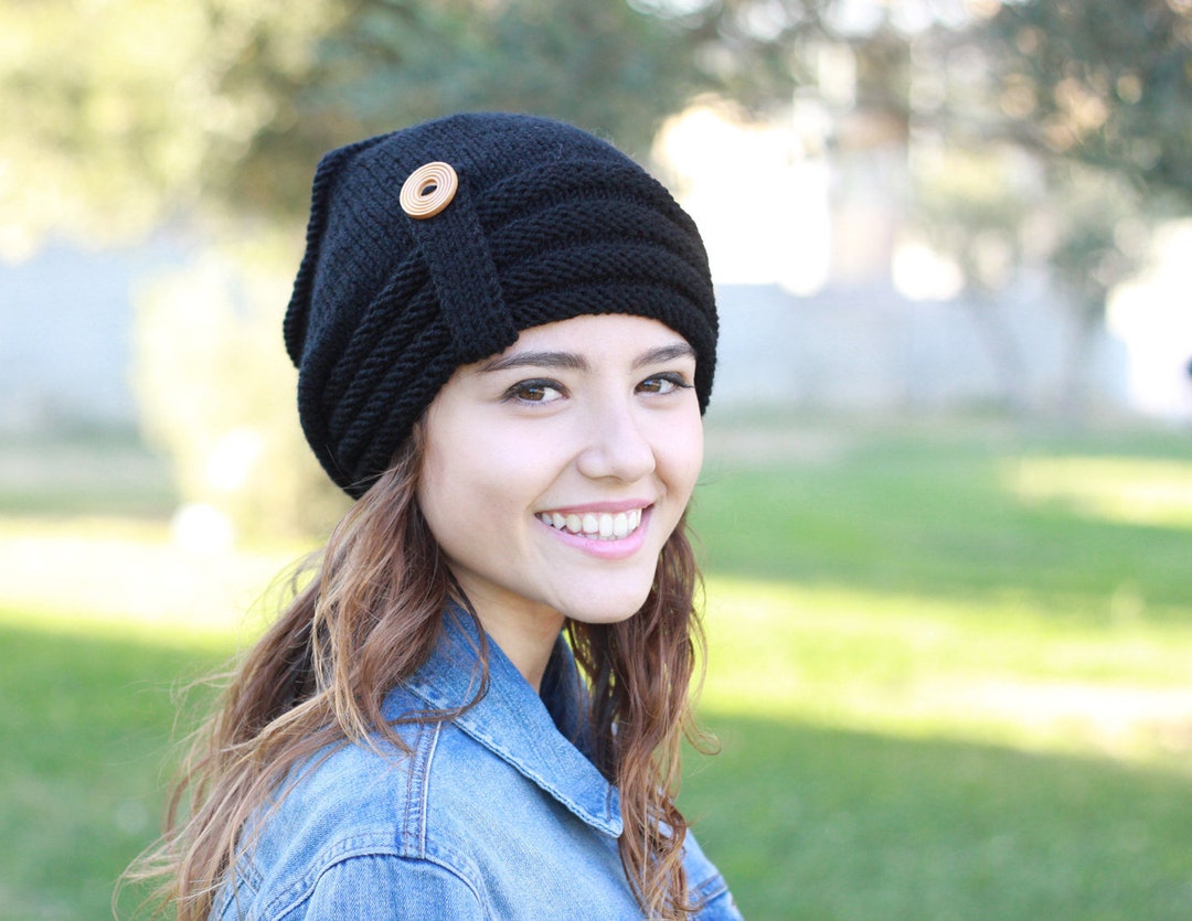 Custom Color Knit Slouch Beanie With a Button, Woman Slouchy Hat ...