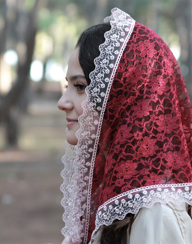 Burgundy Lace Catholic Veil for Mass in Triangle Shape and | Etsy