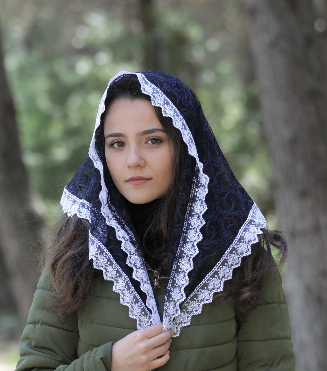 Triangle Lace Catholic Veil for Mass, Navy Blue Church Mantilla Veil ...