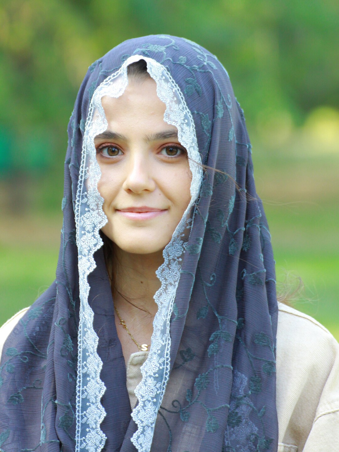 Dark Gray Mass Veil With Green Details, Handmade Rectangular Prayer ...