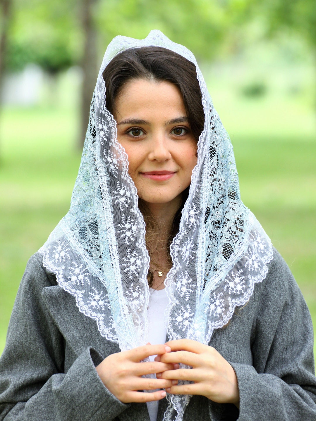 Light Blue Lace Church Veil With Shinny Details, Triangle Head Covering ...