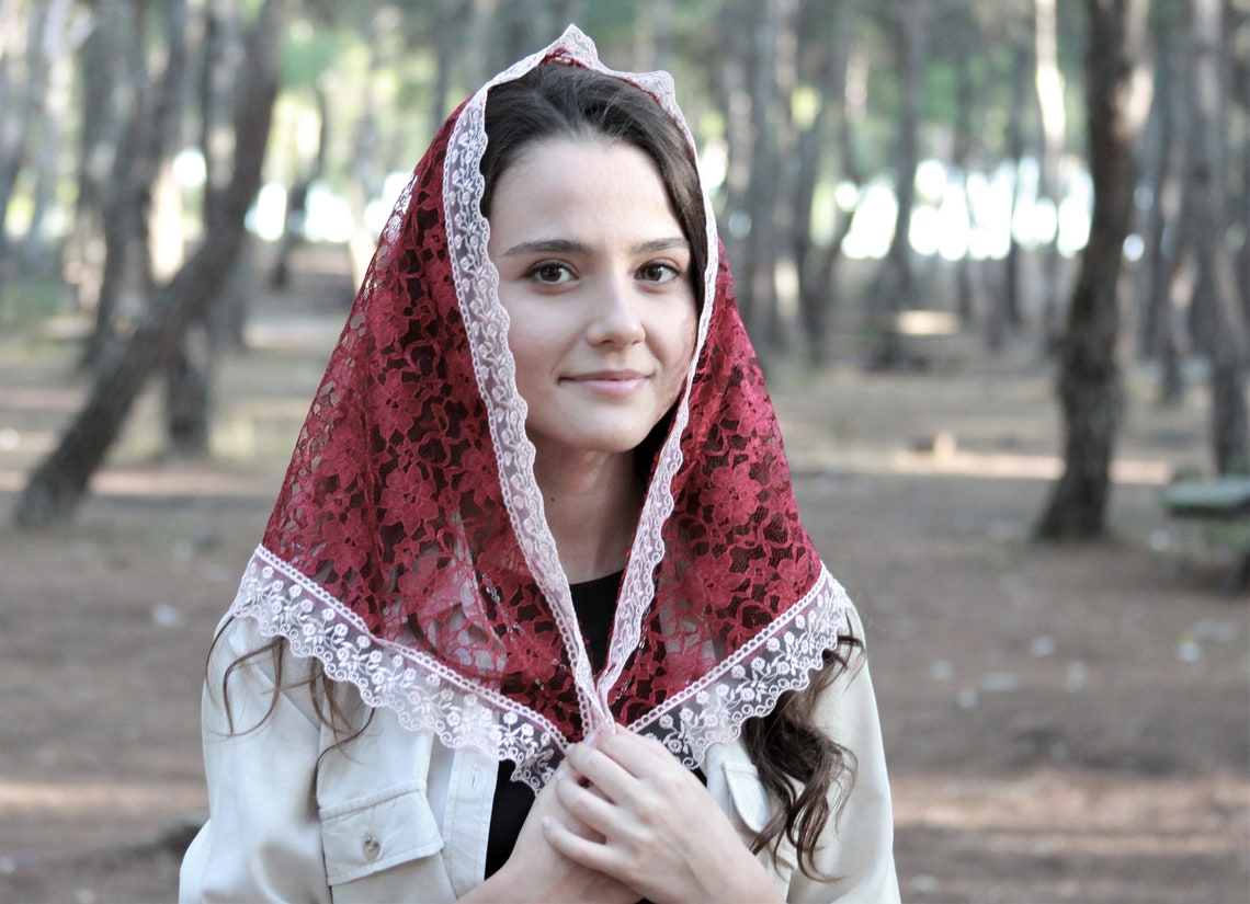 Burgundy Lace Catholic Veil for Mass in Triangle Shape and - Etsy