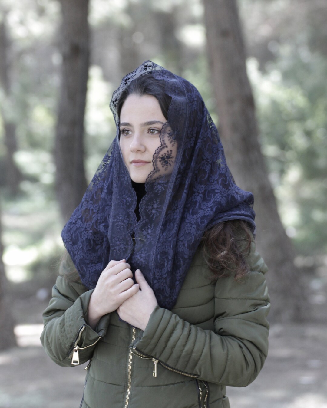 Navy Blue Infinity Mantilla — Lace Chapel Veil for Mass, With Comb - Etsy