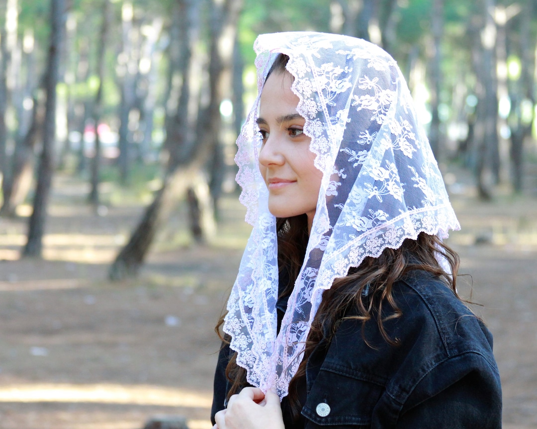 Voile de prière blanc avec bordure somon, voile catholique triangle ...