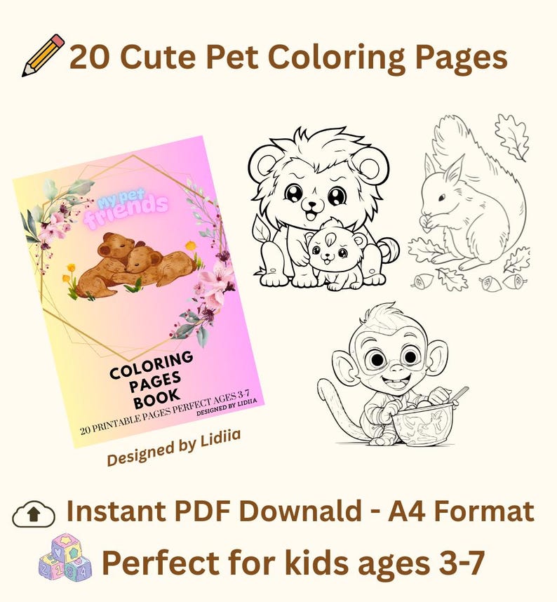Cute Pets Coloring Pages for Kids – 20 Printable PDF Sheets | Instant ...