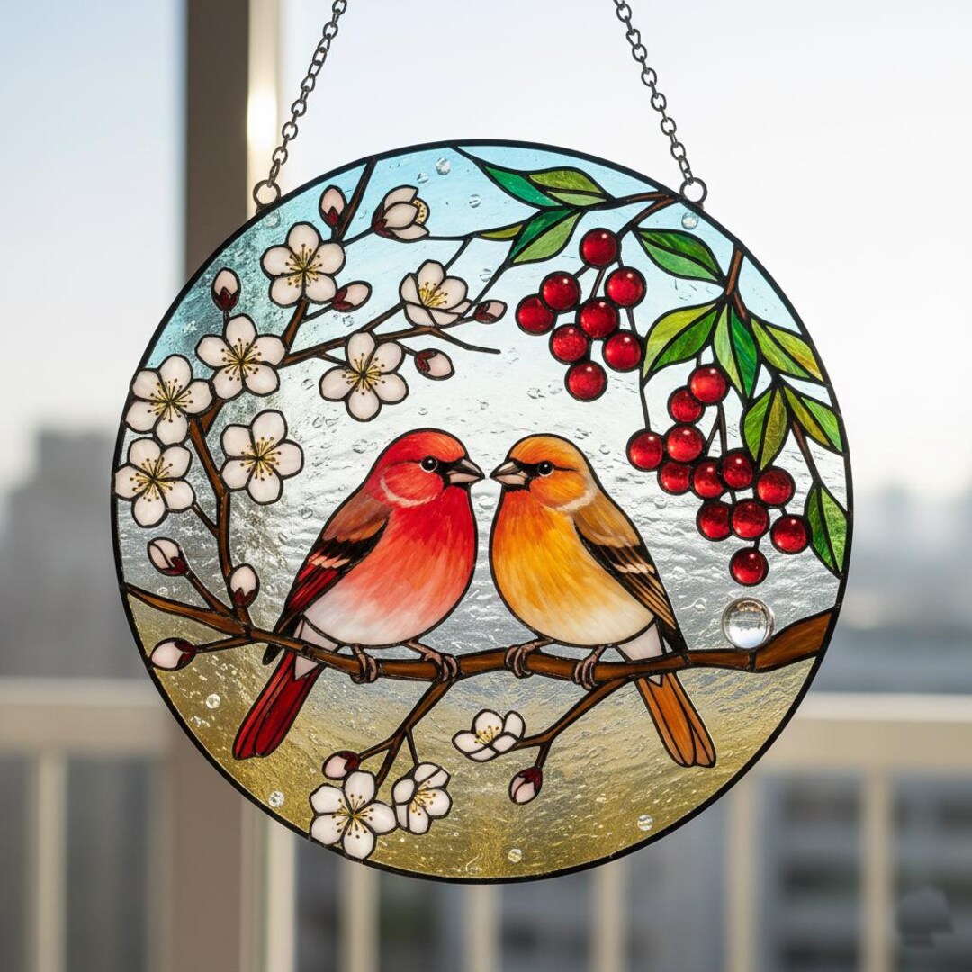 Stained Glass Robin Suncatcher, Floral Berry Branch Window Art - Etsy