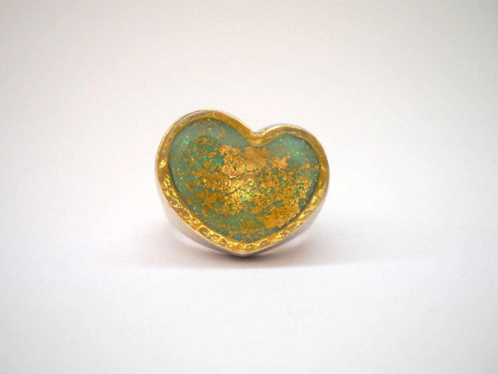 Green Heart Sterling Silver Ring Green Gold Asymmetric Heart | Etsy