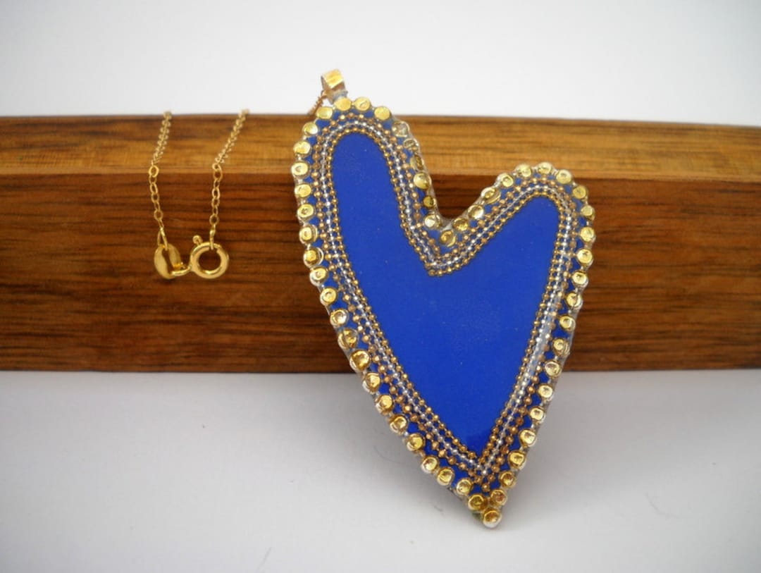 Blue Heart Pendant Necklace Sterling Silver Asymmetric Blue and Gold ...