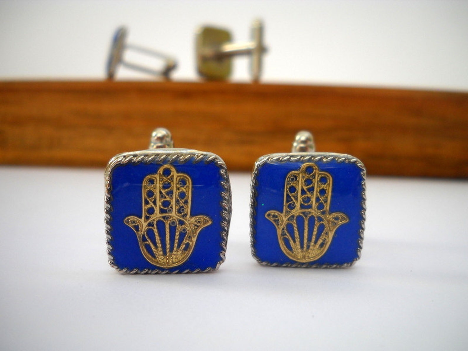 Silver and Blue Cuff Links With a Hamsa Hand , Square Cufflinks for Men ...