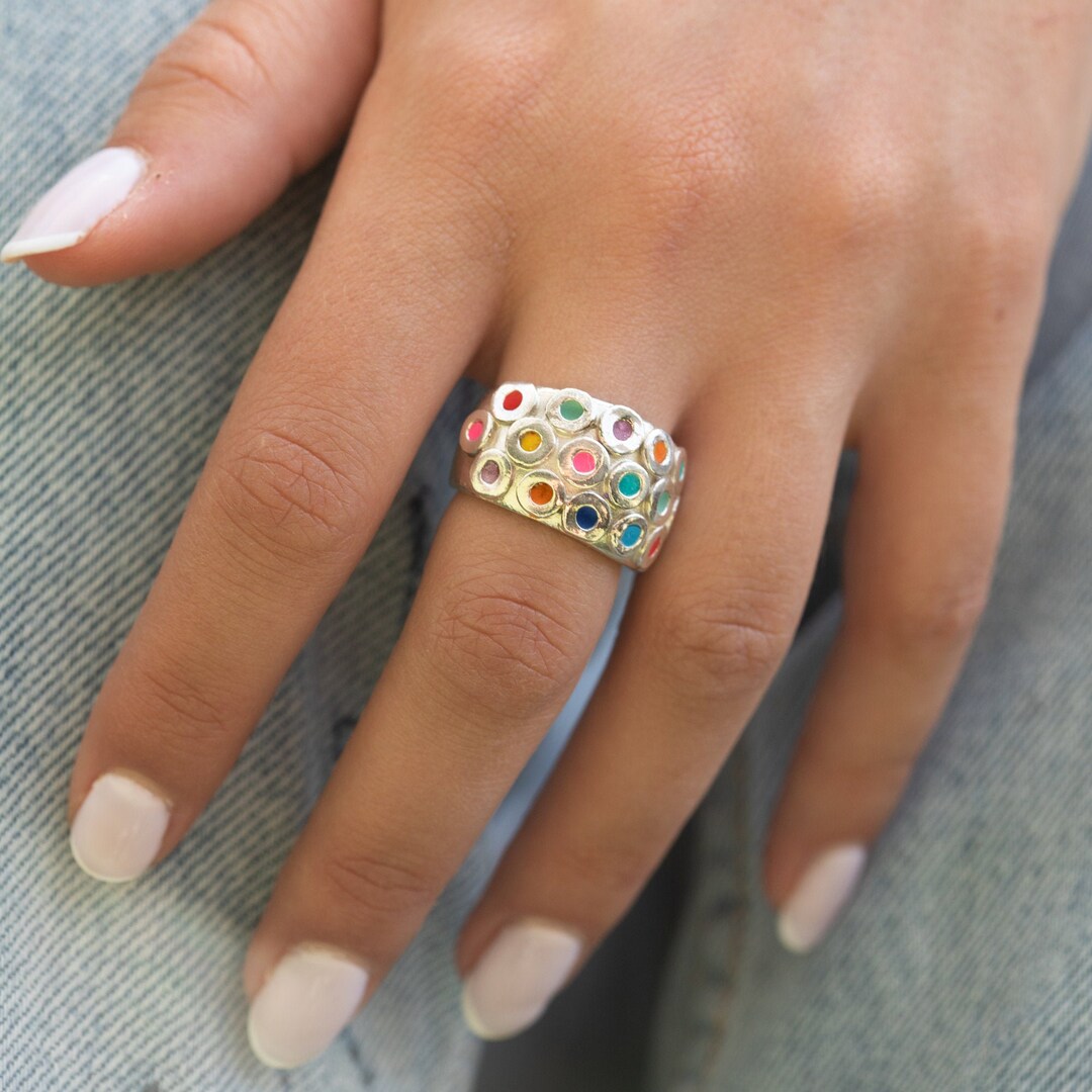 Rainbow Silver Ring, Colorful Circles Ring, Sterling Silver Multicolor ...