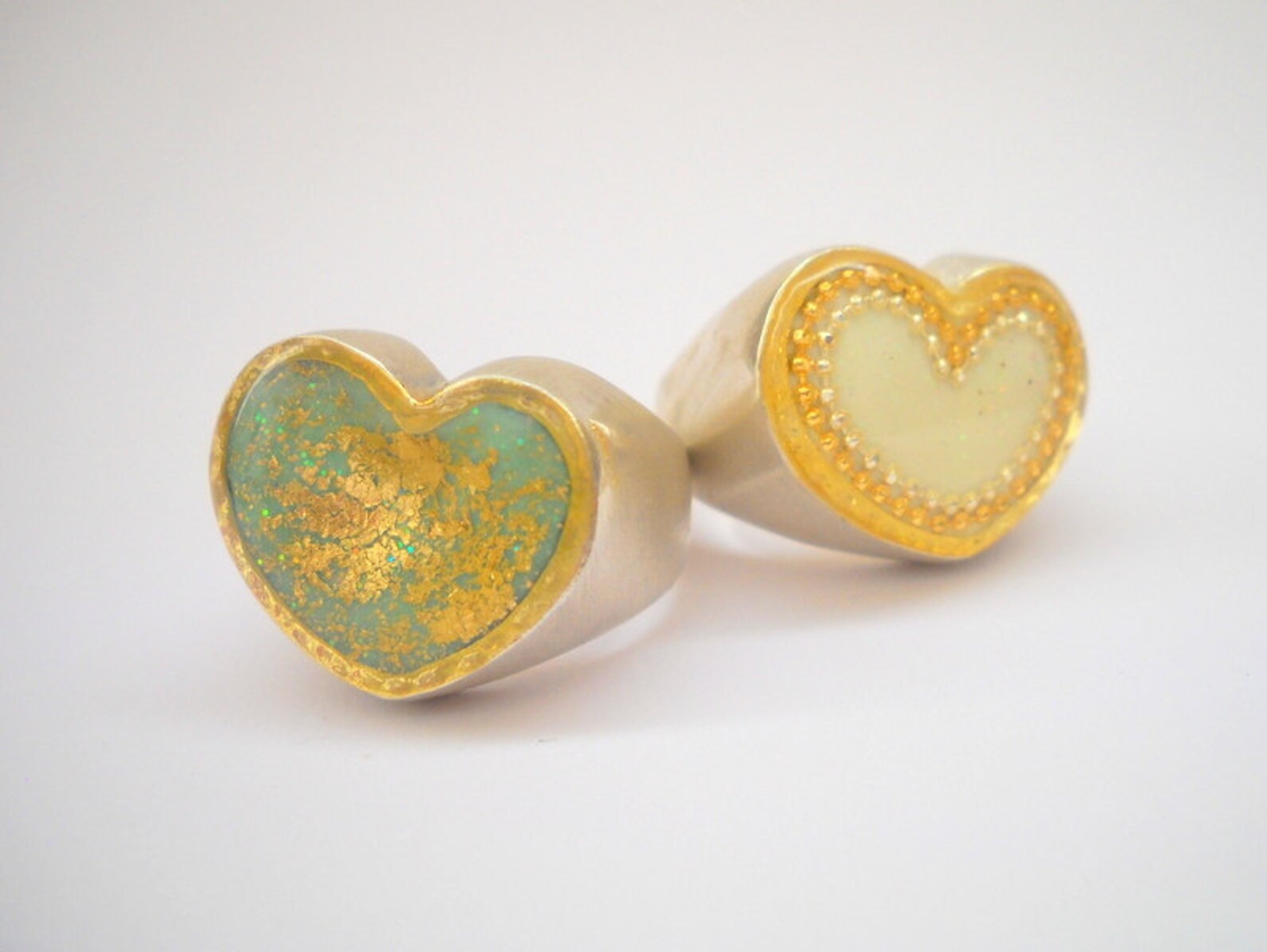 Green heart Sterling silver ring Green Gold asymmetric heart | Etsy