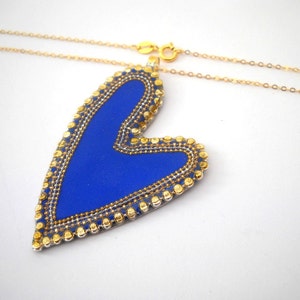 Blue Heart Pendant Necklace Sterling Silver Asymmetric Blue and Gold ...
