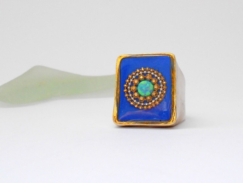 Blue Opal Silver Ring Square Ring Gold Blue Ring Sterling - Etsy