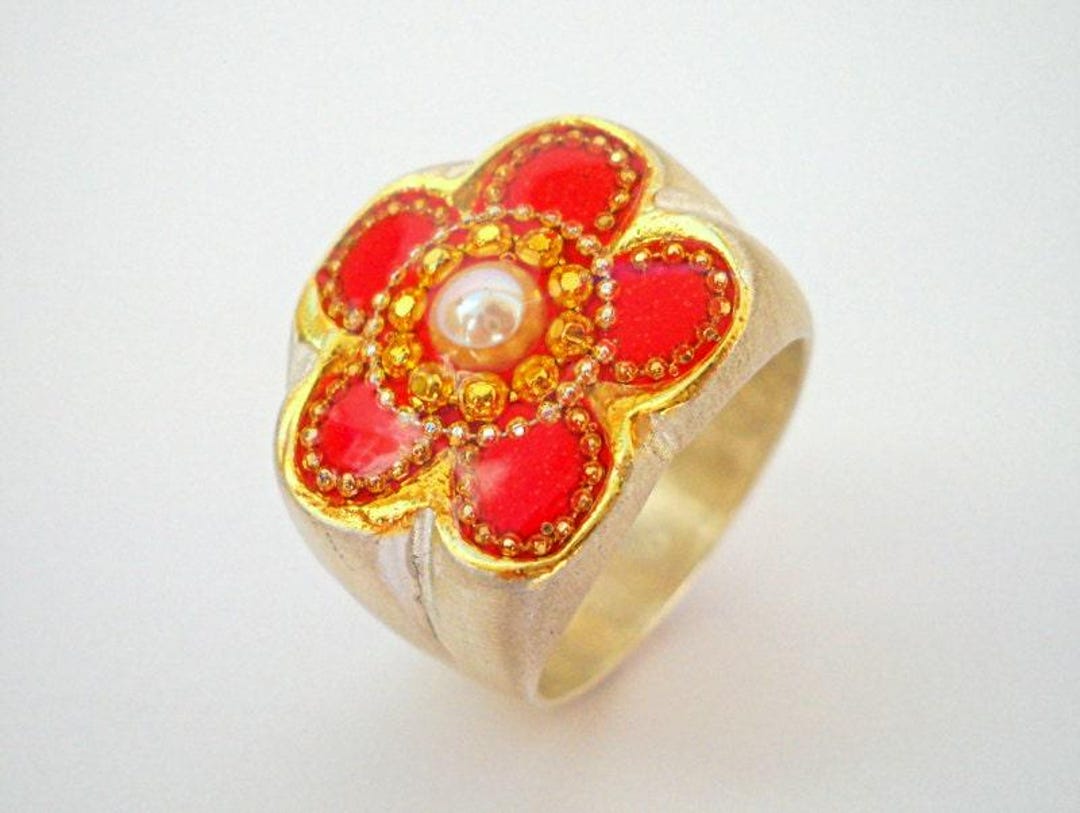 Red Flower Ring,boho Ring, Silver Statement Ring, Flower Ring, Pearl ...