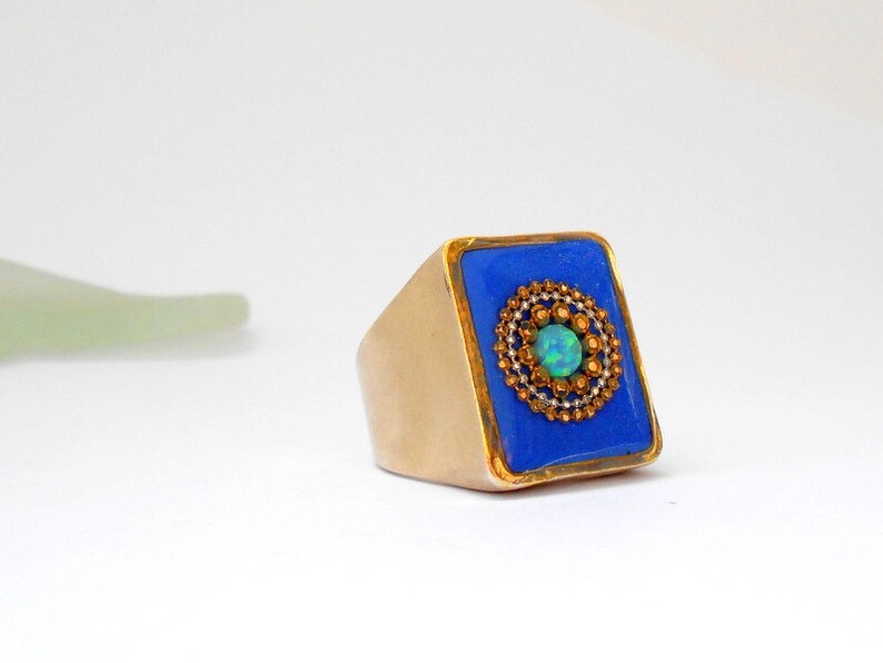 Blue Opal Silver Ring Square Ring Gold Blue Ring Sterling - Etsy