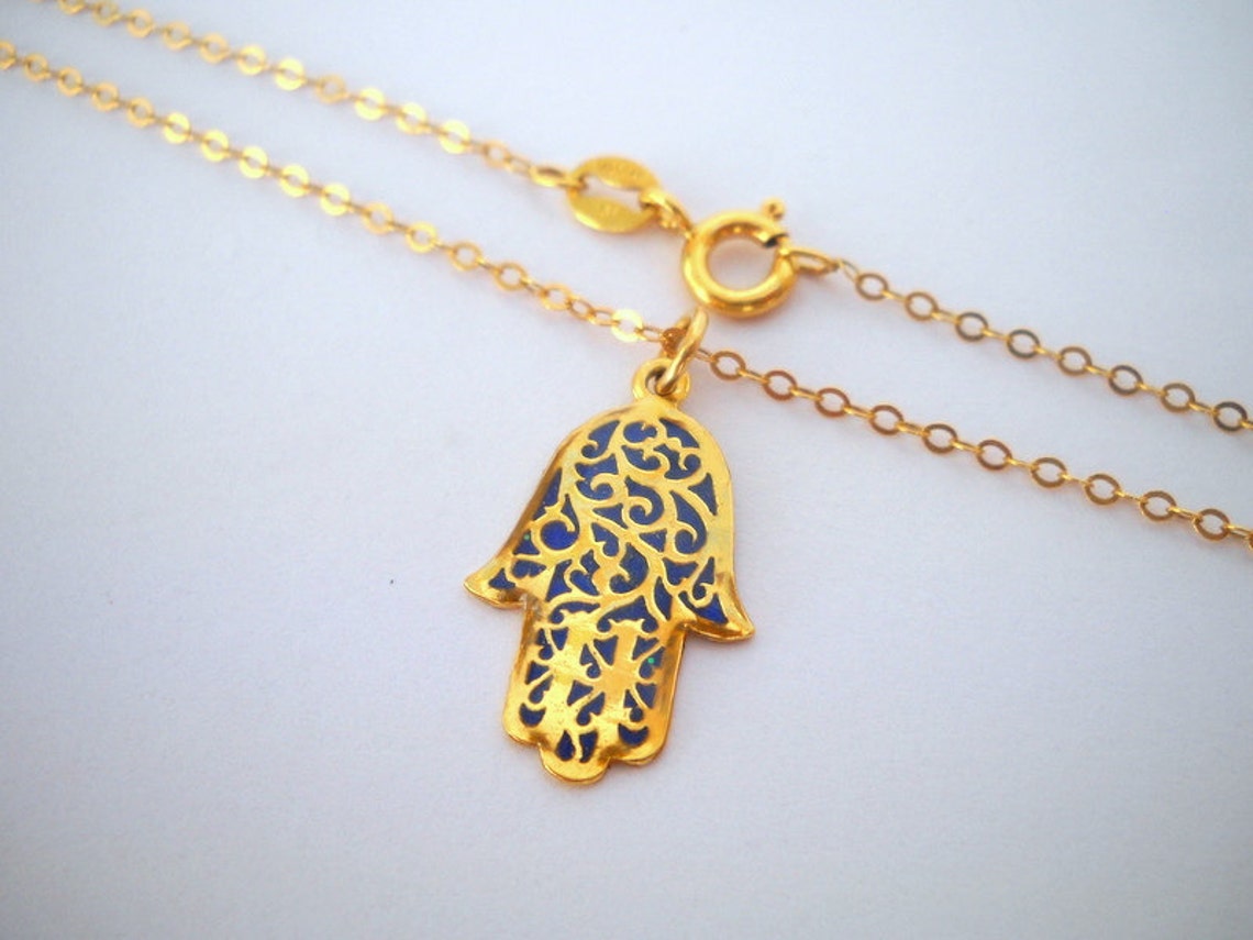 Gold Blue Hamsa Hand Necklace Gilded Sterling Silver Hamsa - Etsy