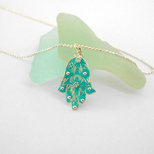 Turquoise Hamsa Hand Necklace Sterling Silver Hamsa Pendant Blue Green ...