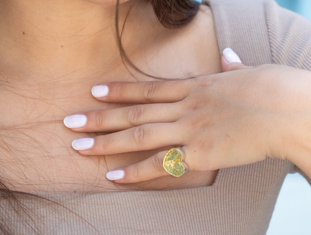 Green Heart Sterling Silver Ring Green Gold Asymmetric Heart Ring ...