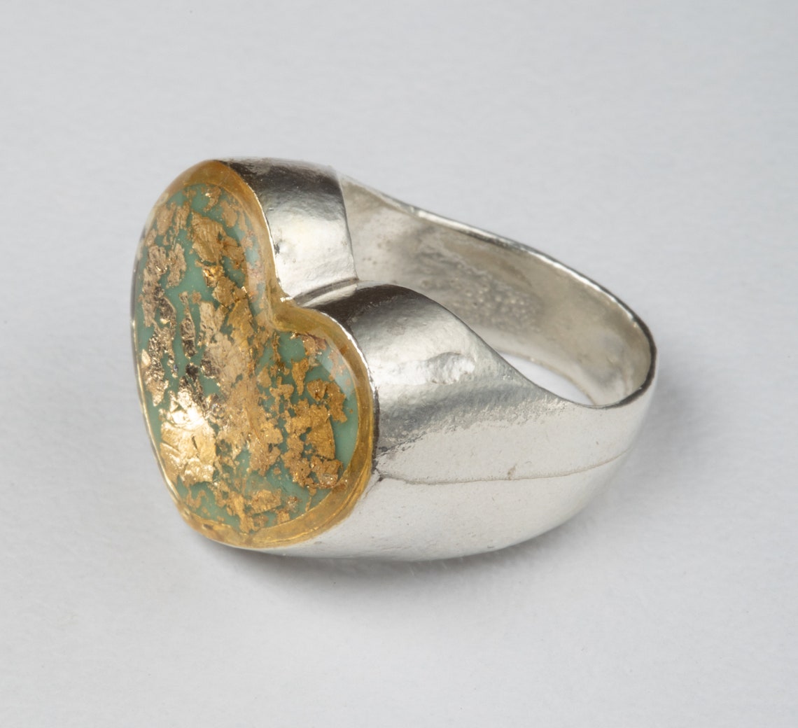 Green Heart Sterling Silver Ring Green Gold Asymmetric Heart | Etsy