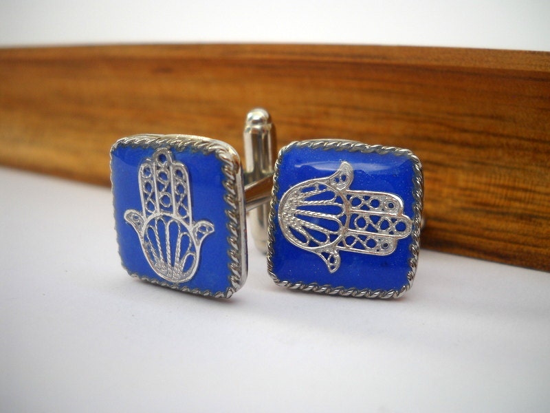 Silver and Blue Cuff Links With a Hamsa Hand , Square Cufflinks for Men ...