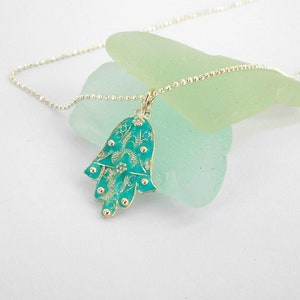 Turquoise Hamsa Hand Necklace Sterling Silver Hamsa Pendant Blue Green ...