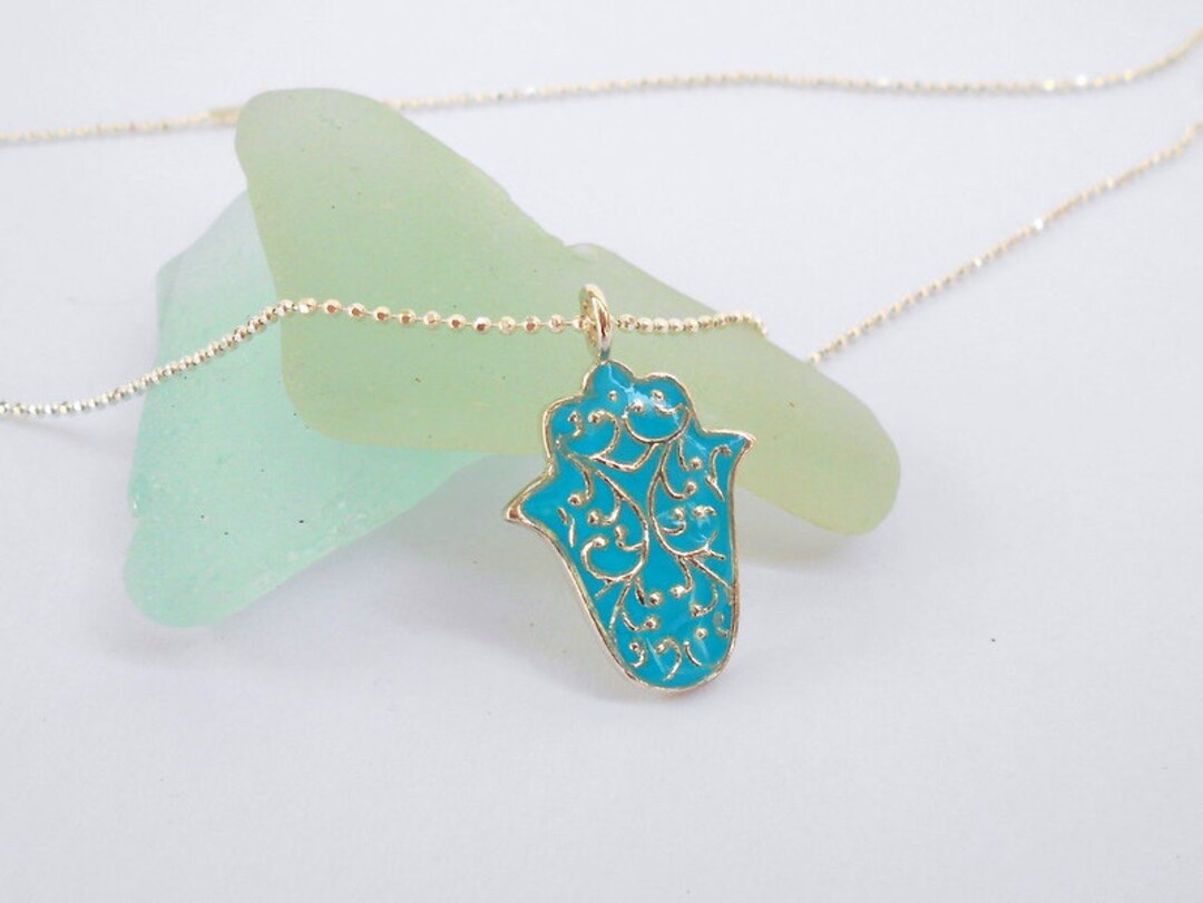 Blue Green Hamsa Hand Necklace Sterling Silver Hamsa Pendant Turquoise ...