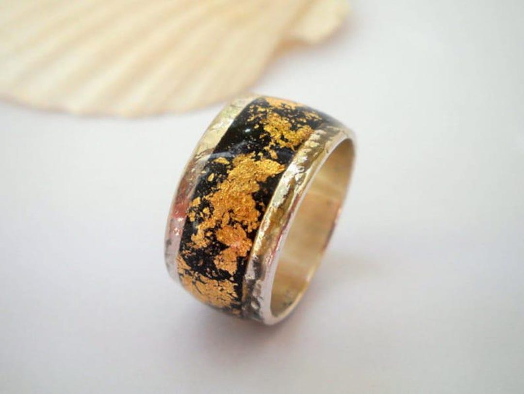 Black & Gold Wedding Ring, Gold Inlay Custom Ring, His Hers Promise ...