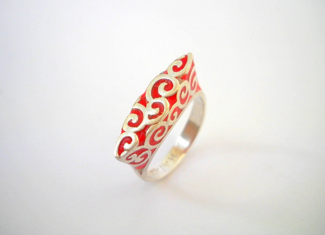 Red Silver Waves Ring, Sterling Silver Filigree Ring, Red Silver ...