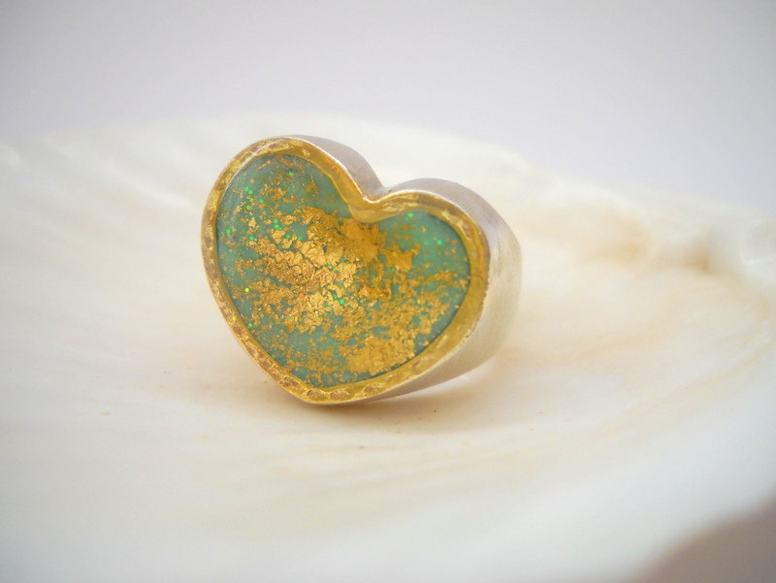 Green Heart Sterling Silver Ring Green Gold Asymmetric Heart - Etsy