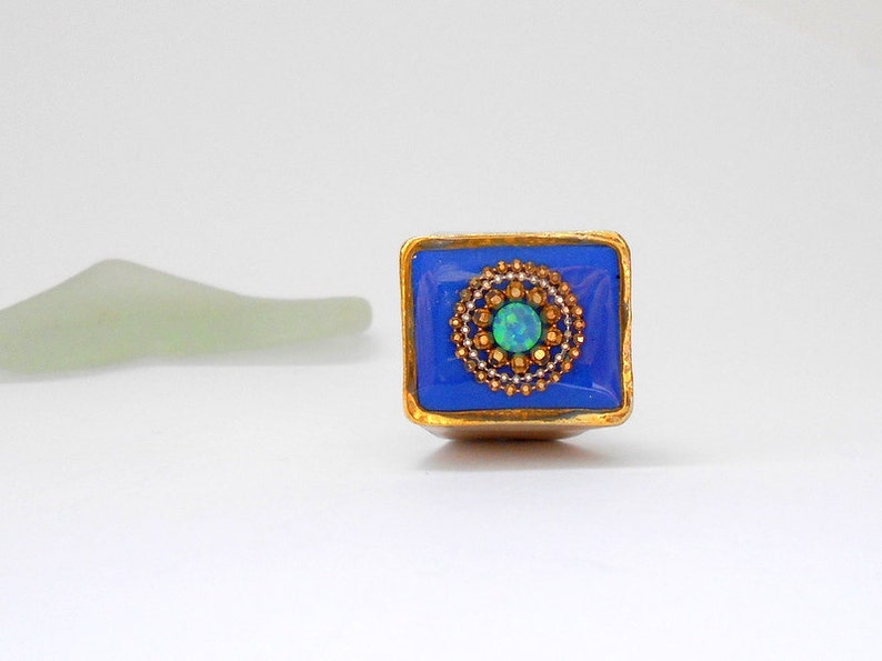 Blue Opal Silver Ring Square Ring Gold Blue Ring Sterling Silver Ring ...