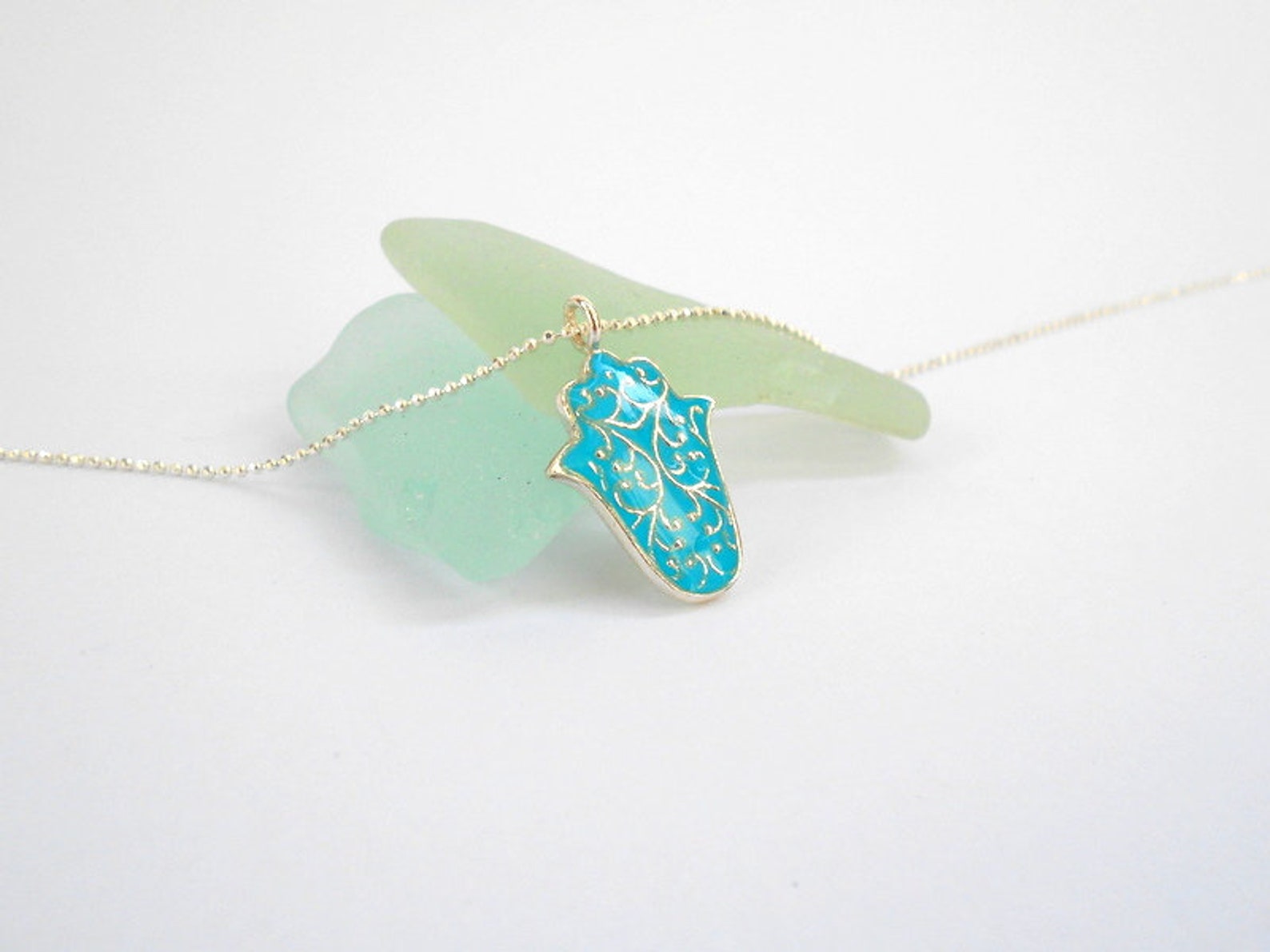 Blue Green Hamsa Hand Necklace Sterling Silver Hamsa Pendant Turquoise ...