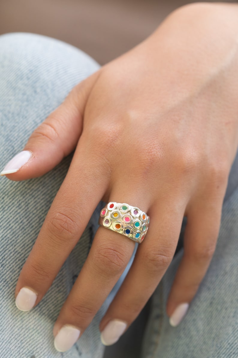 Rainbow Silver Ring, Colorful Circles Ring, Sterling Silver Multicolor ...