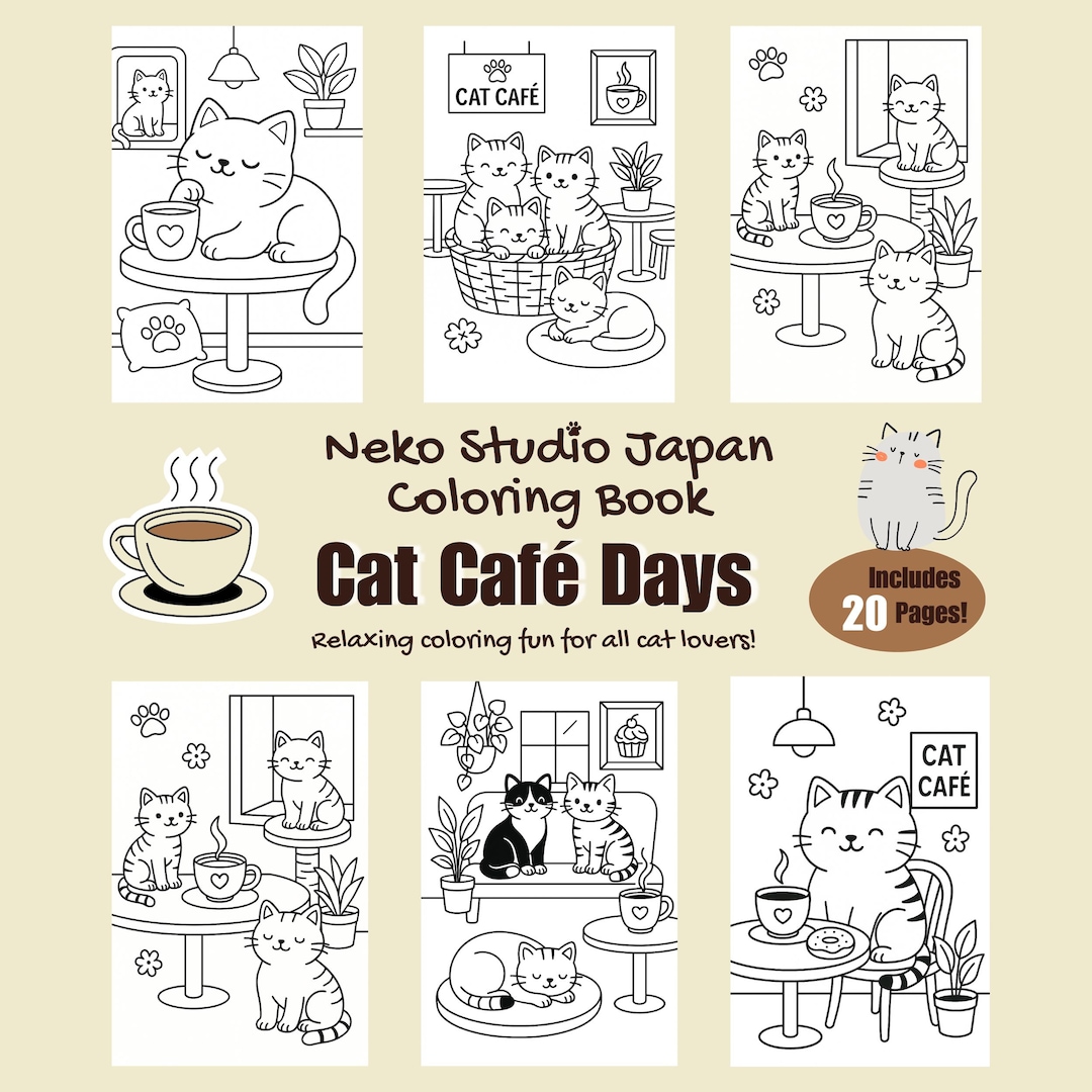 Cat Café Coloring Page – Kawaii Cute Cats, Cozy Café Scene, Japanese ...