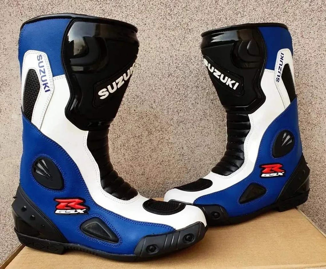 Suzuki Motorcycle Racing Boots – Men's Genuine Leather Motorbike Riding ...